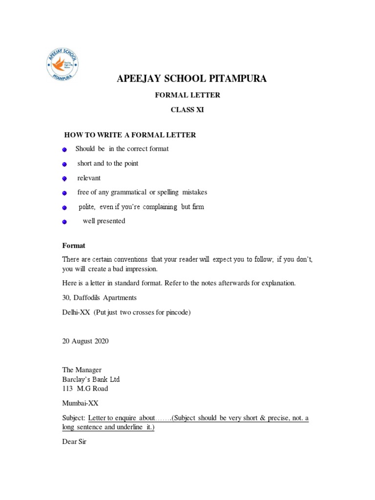 Apeejay School Pitampura: Formal Letter Class Xi | PDF | Madam | Cognition