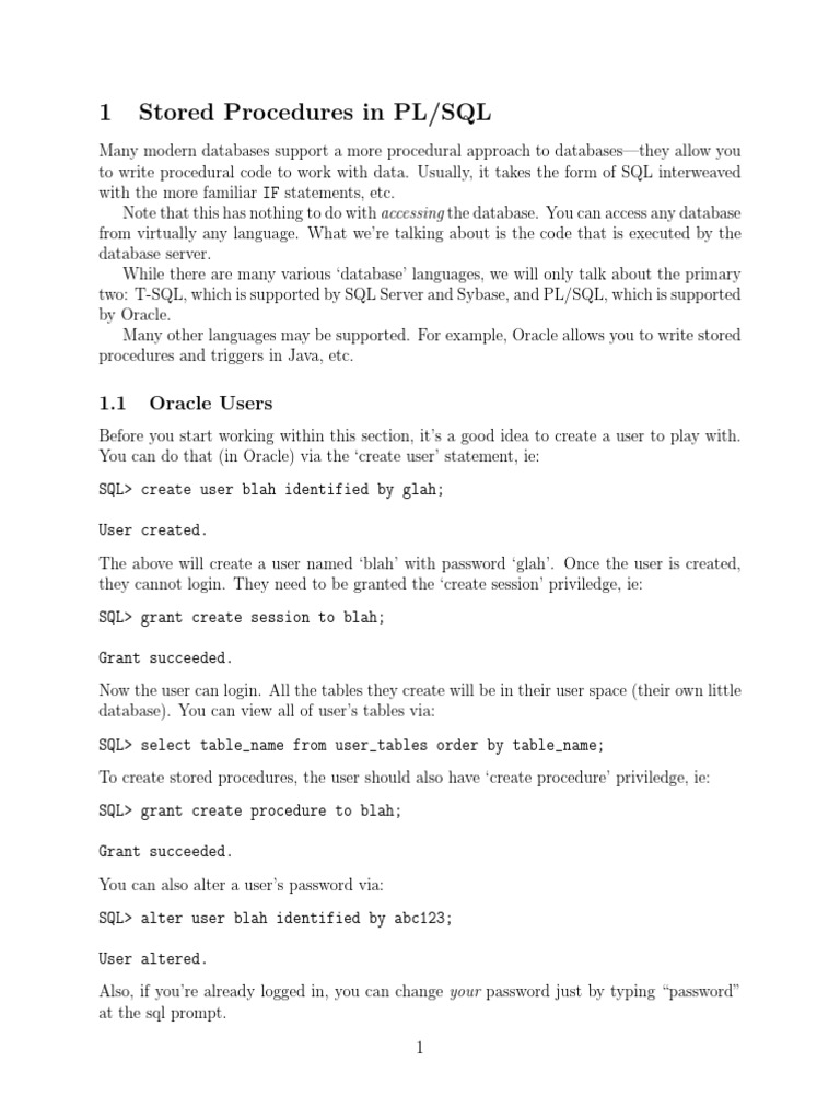 1 Stored Procedures in PL/SQL: 1.1 Oracle Users | PDF | Parameter ...