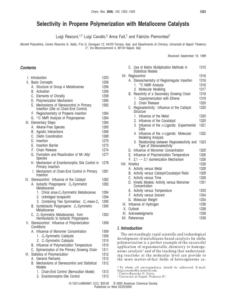 Selectivity in Propene Polymerization With Metallocene Catalysts | PDF ...