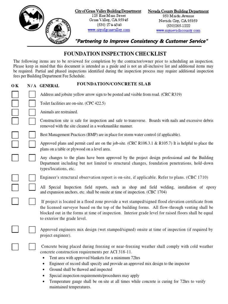 Foundation Inspection Checklist: "Partnering To Improve Consistency ...