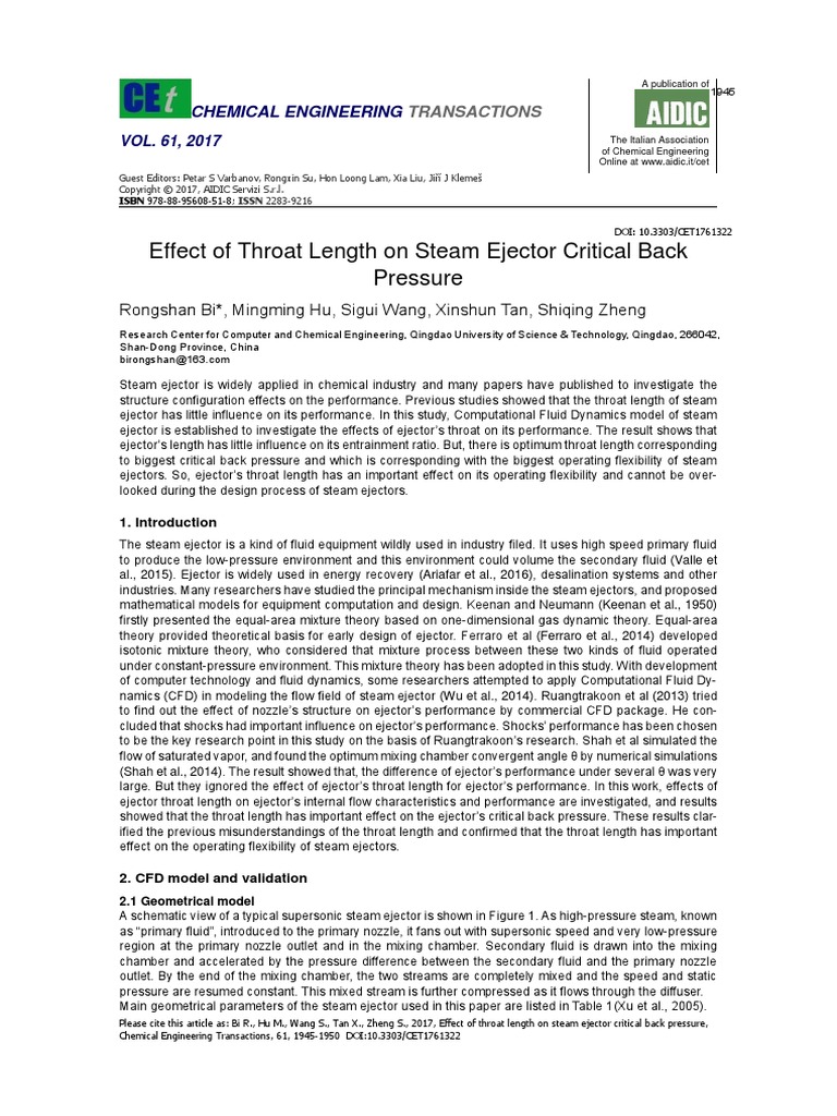 Effect of Throat Length On Steam Ejector Critical Back Pressure | PDF ...