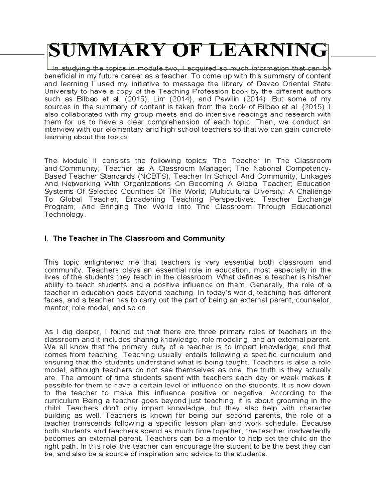 Summary of Learning: I. The Teacher in The Classroom and Community ...