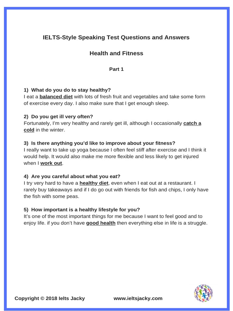 IELTS-Style Speaking Test Questions and Answers Health and Fitness ...
