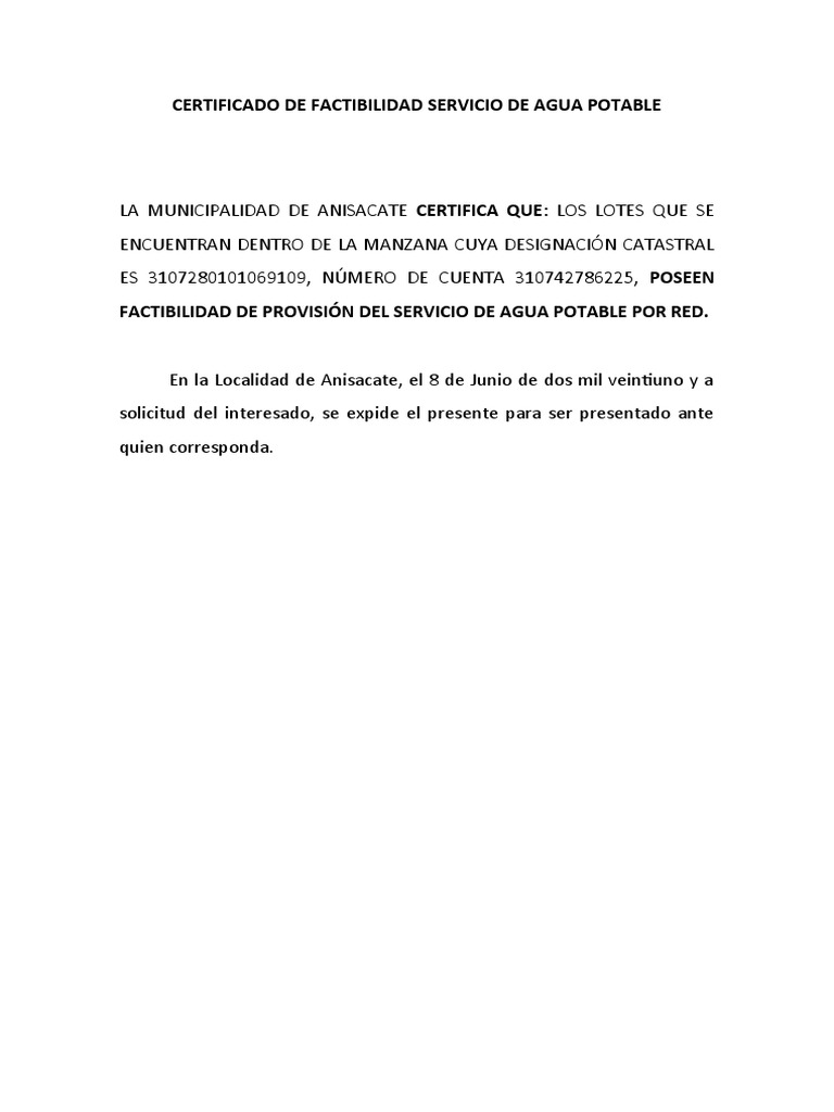 Certificado de Factibilidad Agua Potable | PDF
