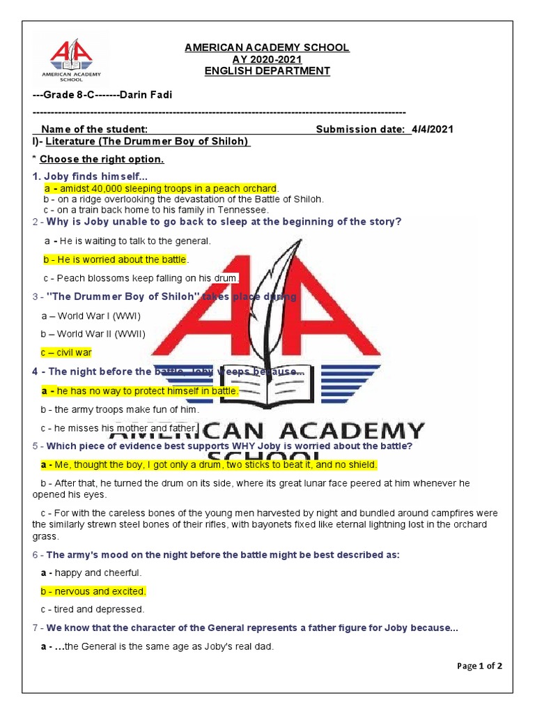 The Drummer Boy of Shiloh. GR8. ENGFEB2020 - 2021 Worksheet. MR ...