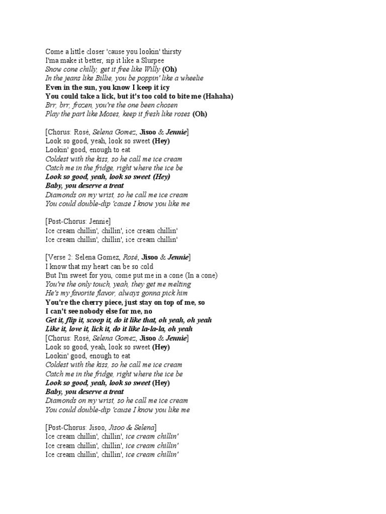 Ice Cream by Blackpink FT Selena Gomez Lyrics PDF Song Structure Songs