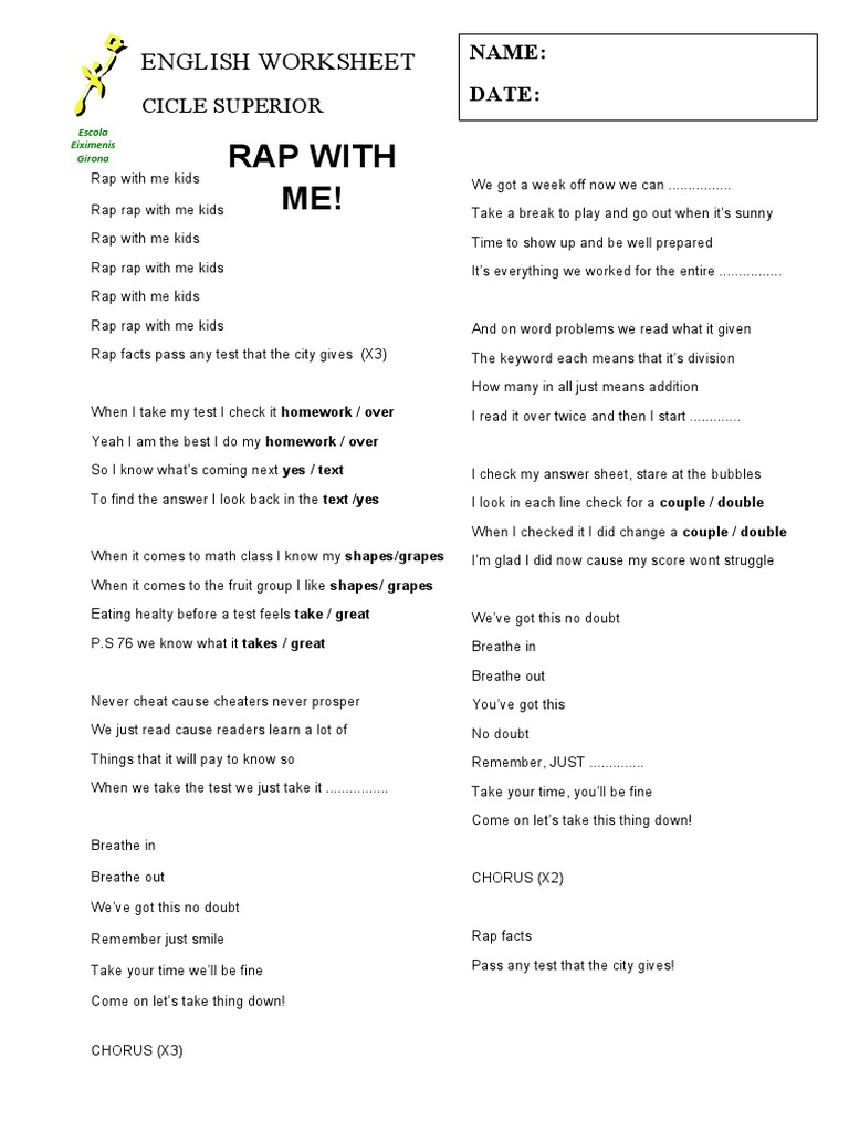 Rap With ME!: English Worksheet | PDF