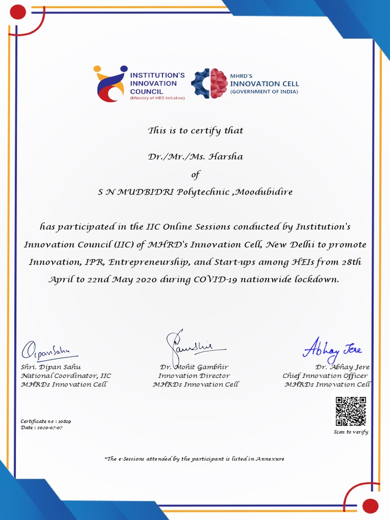 IIC Online Session Certificate | PDF