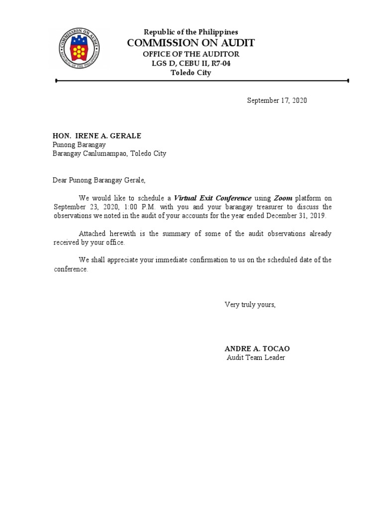 Exit Conference Request Letter Canlumampao 2019 | PDF