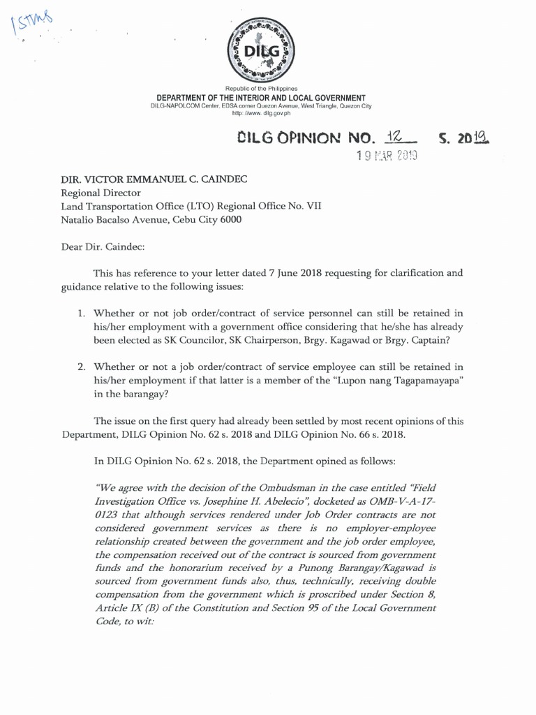 DILG Opinion No. 12 S. 2019 Job Order Employee and SK or Lupon Member ...
