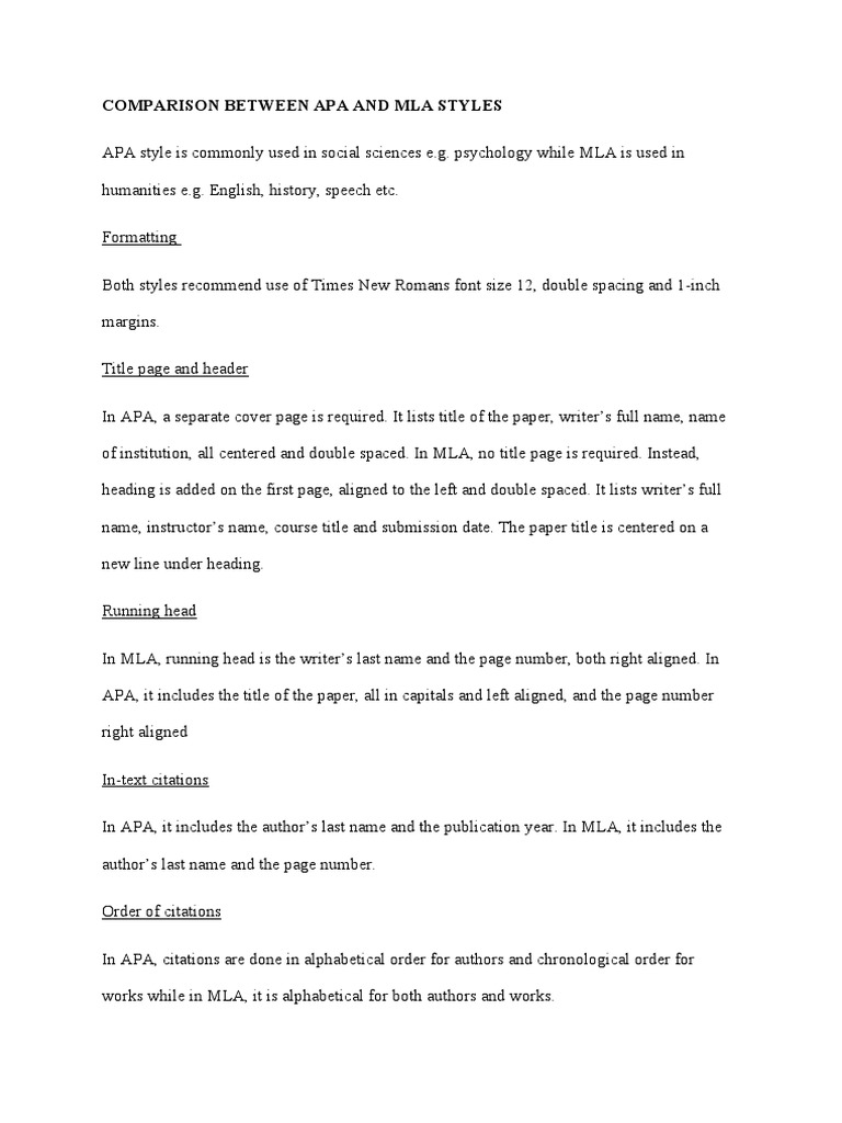 Comparison Between Apa and Mla Styles | PDF