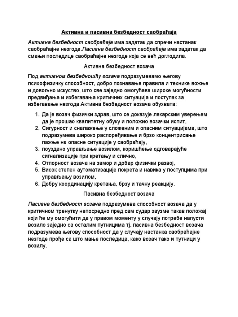 Aktivna I Pasivna Bezbednost Saobracaja | PDF