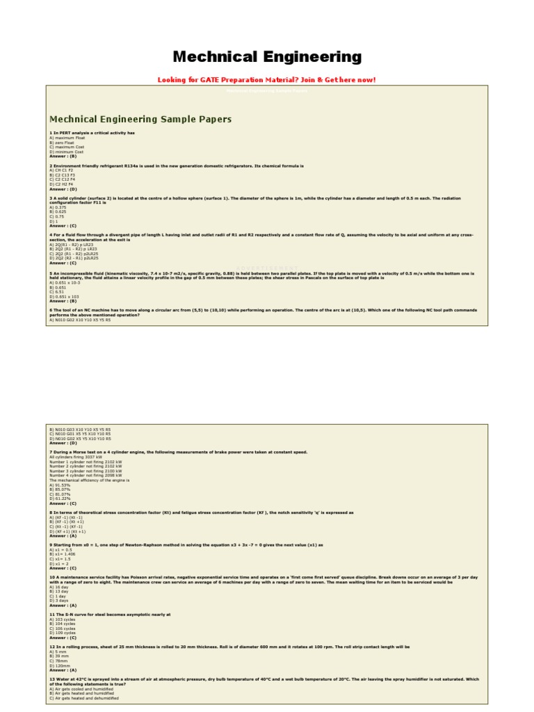 Mechnical Engineering Sample Papers | PDF | Heat | Materials Science