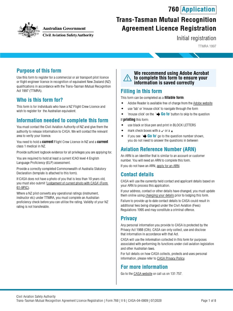 TTMRA Licence Registration Form 760 | PDF | Flight Instructor | Aviation