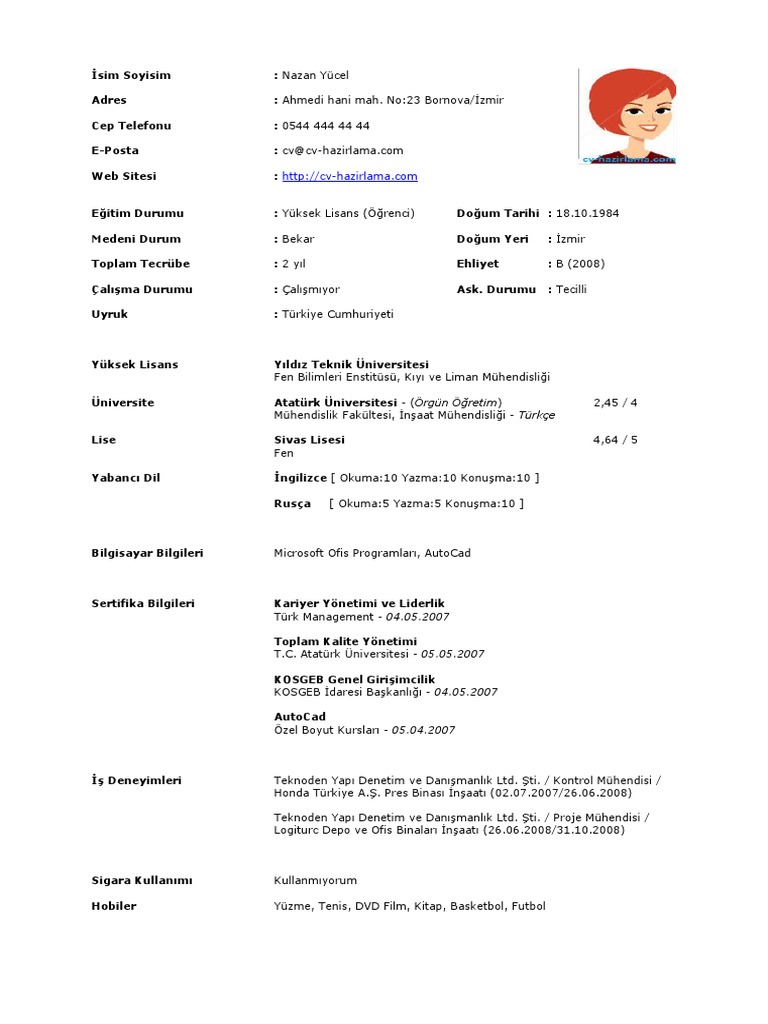 Hazir CV Ornegi CV Ornekleri Fotograflı CV Ornegi | PDF