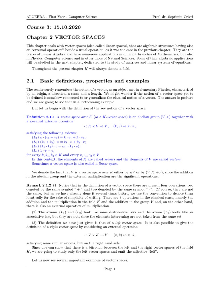 Course 3: 15.10.2020 Chapter 2 Vector Spaces | PDF | Vector Space | Linear Subspace
