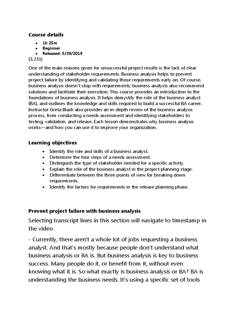 Business Analysis Foundations Course | PDF | Business Analysis ...