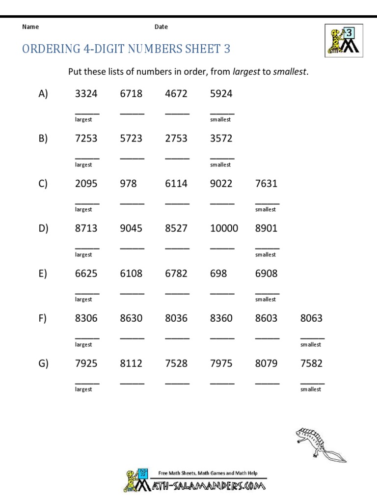 Ordering 4-Digit Numbers Sheet 3: Put These Lists of Numbers in Order ...