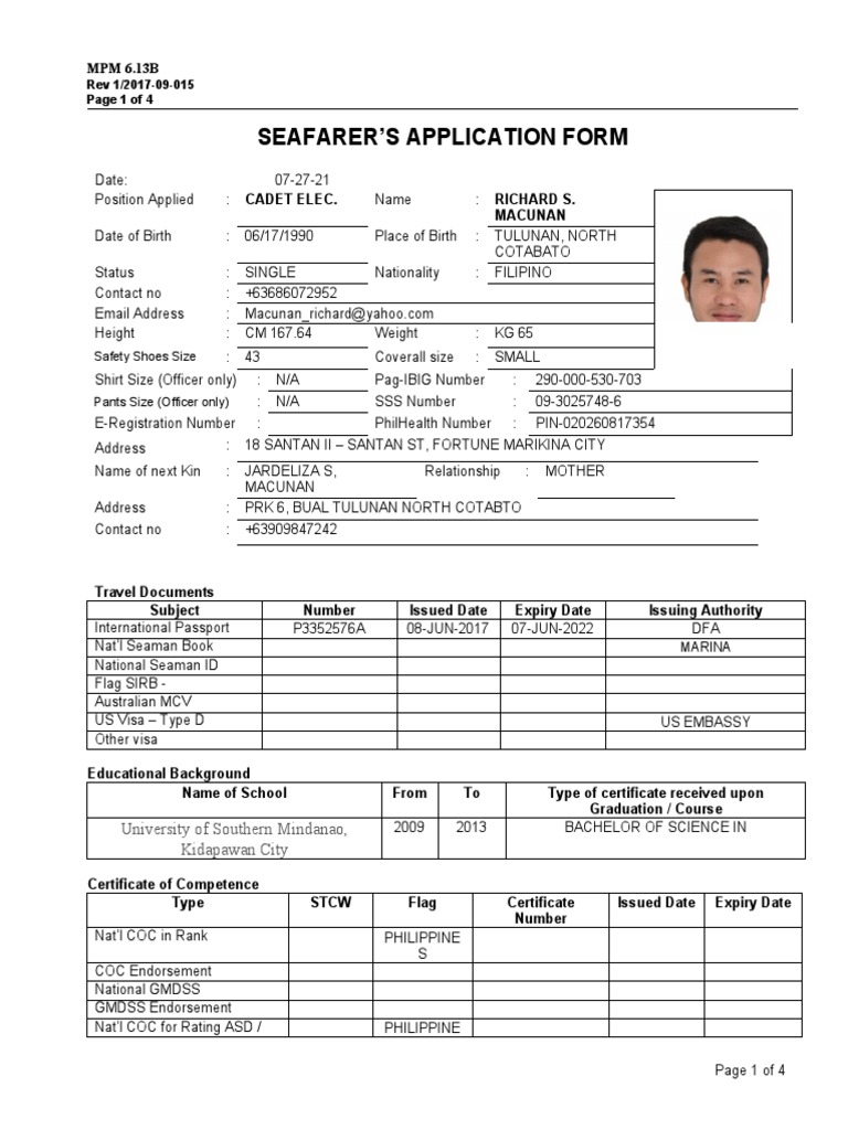 Seafarer'S Application Form: Rev 1/2017-09-015 Page 1 of 4 | Download ...