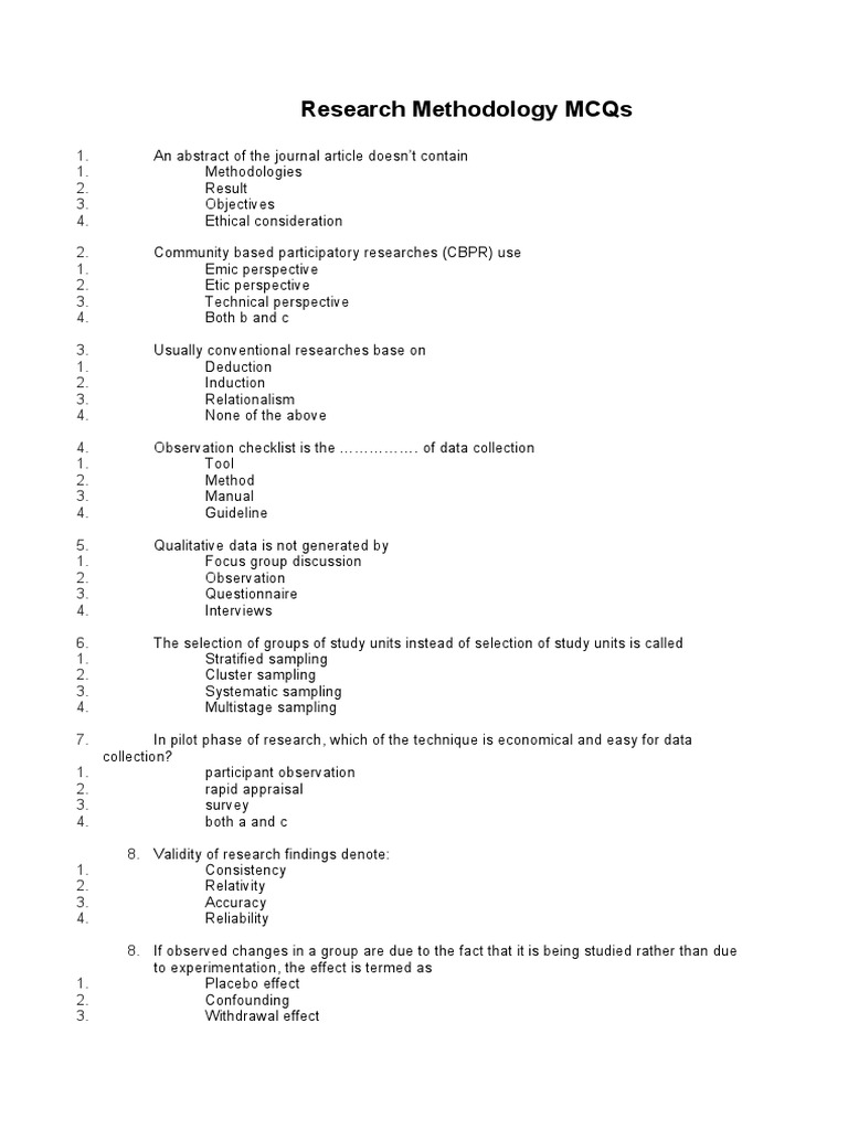 Research Methodology MCQs | PDF | Level Of Measurement | Sampling (Statistics)