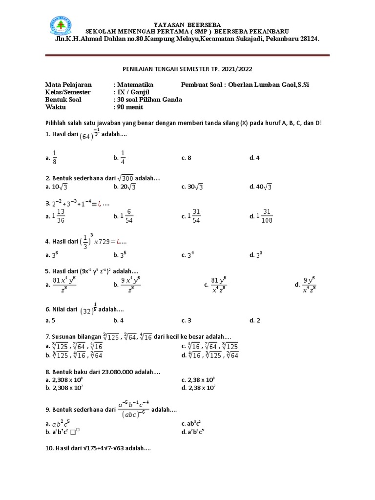 Soal Uts MTK Kls 9 | PDF