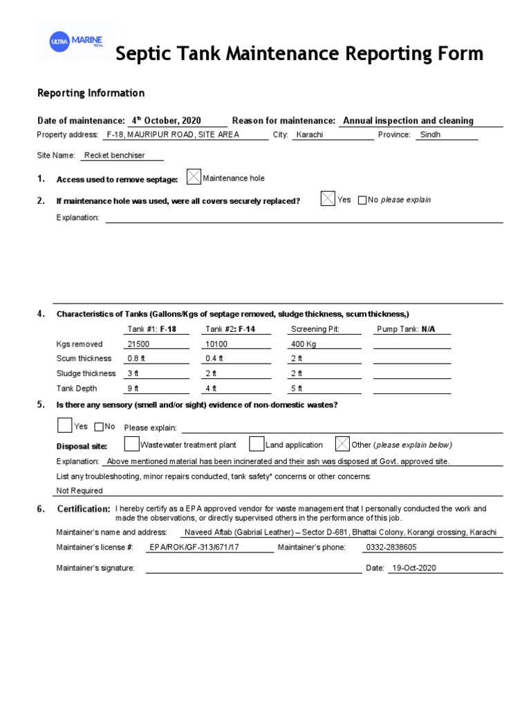 Septic Tank Maintenance Report Form | PDF