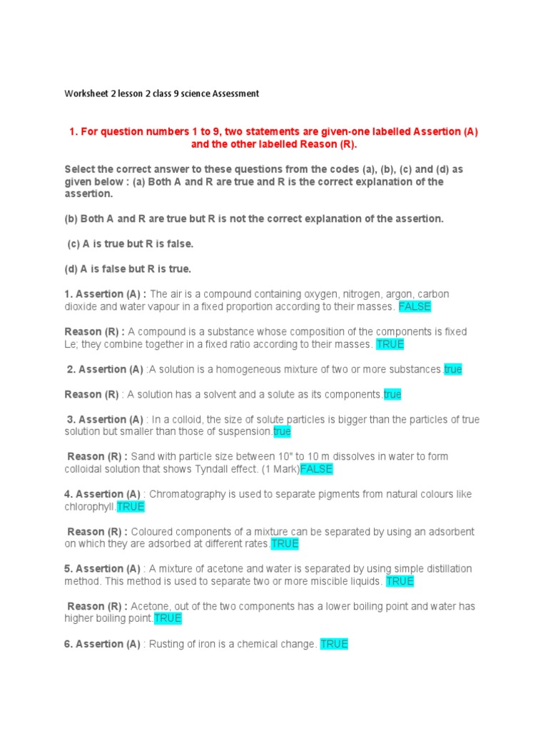 Class 9 Lesson 2 Assessment | PDF | Solution | Mixture