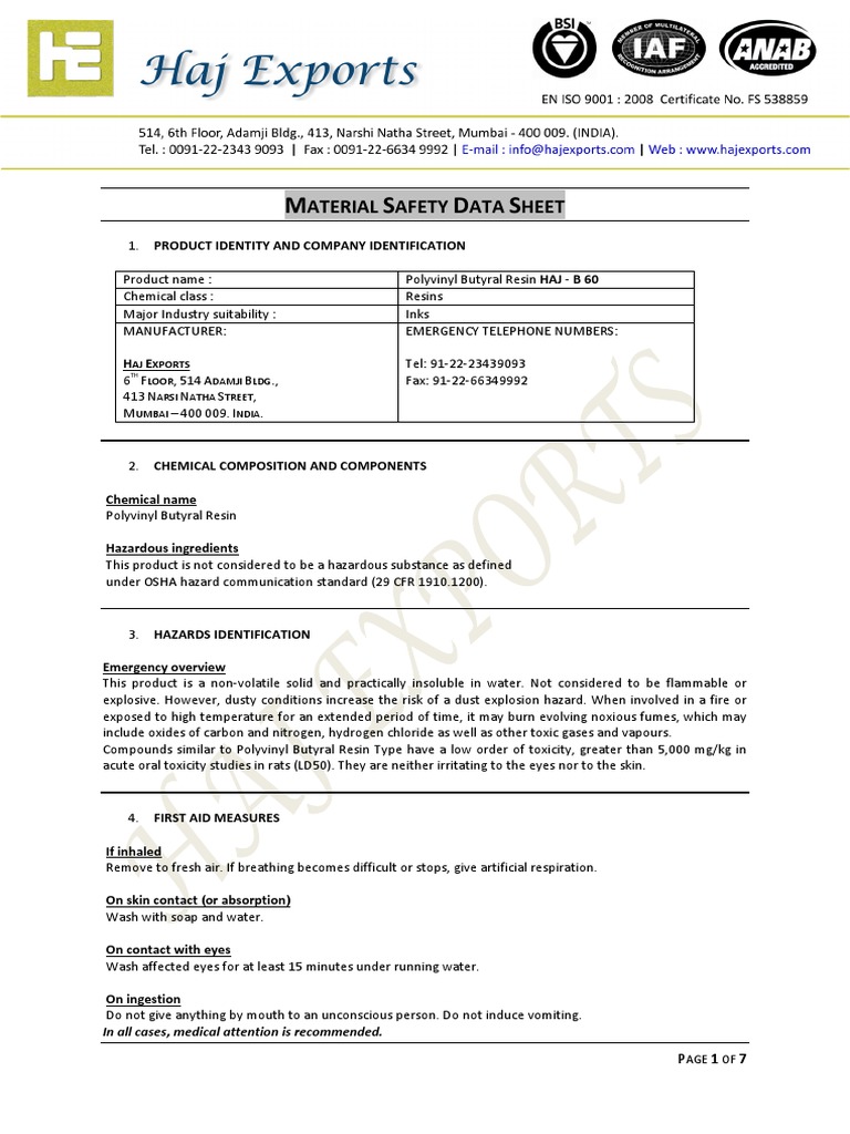 MSDS - Haj - B60 | PDF | Toxicity | Dangerous Goods