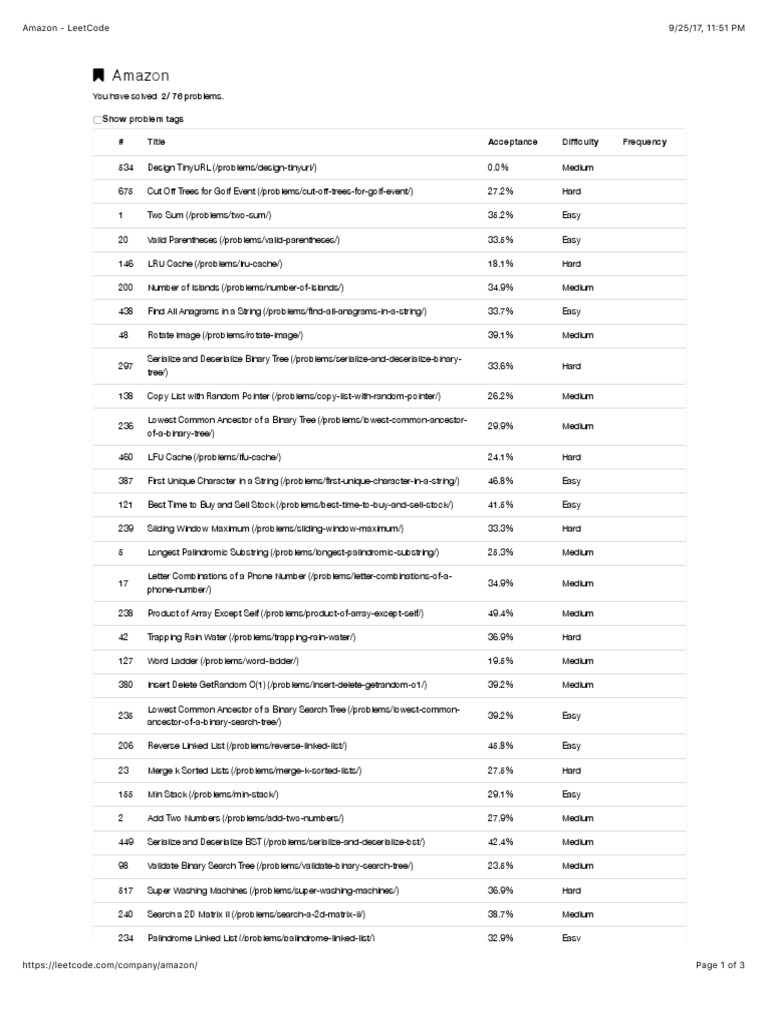 ! Amazon: 2/ 76 Problems. Show Problem Tags # Title Acceptance Di Culty ...