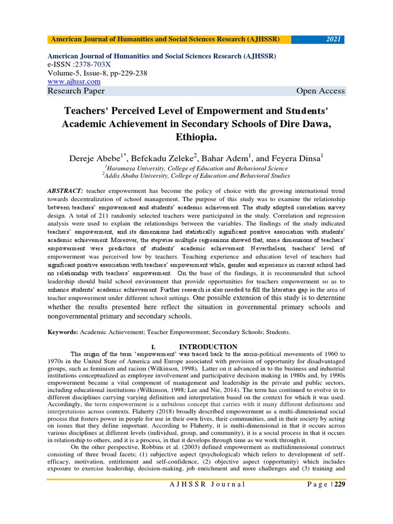 Perceived Level of Teacher' Empowerment and Students' Academic ...