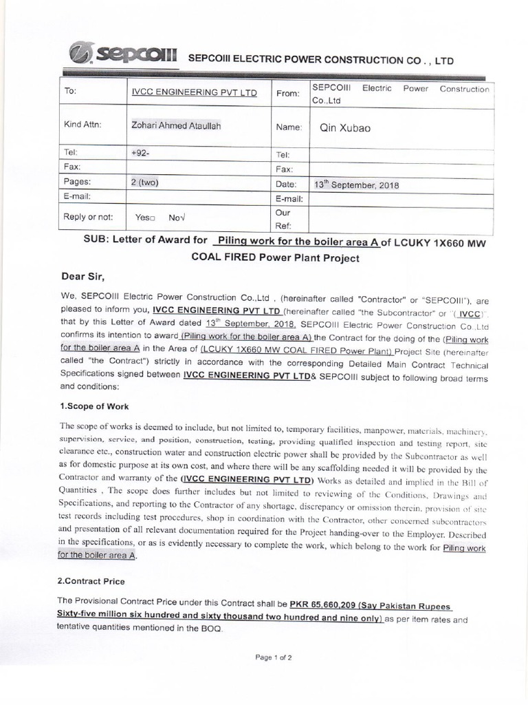 Boiler Letter of Award and Minutes of Meeting | PDF
