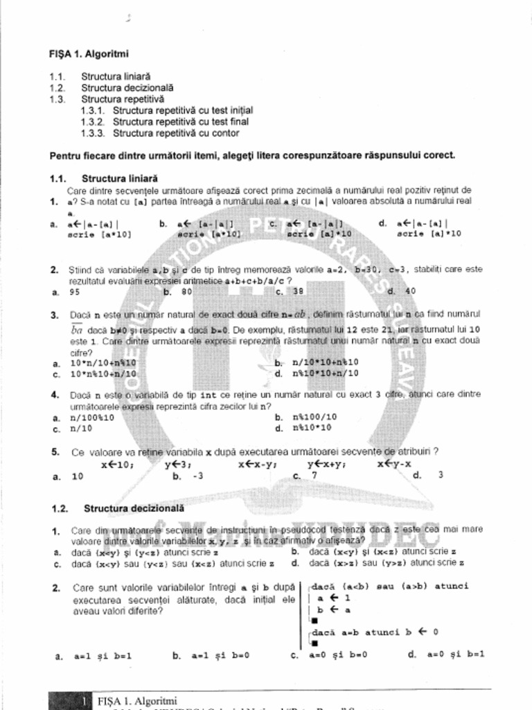 Fisa 1 Algoritmi | PDF