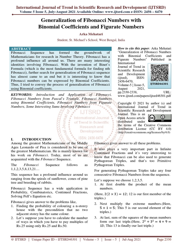 Generalization of Fibonacci Numbers With Binomial Coefficients and Figurate Numbers | Download ...
