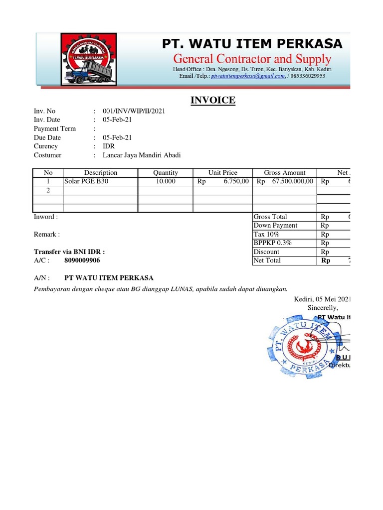 Invoice: Transfer Via BNI IDR: 8090009906 74.000.000,00 RP | PDF