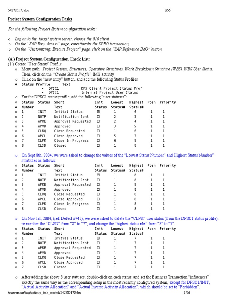 Project System Configuration Tasks: Attributes As Follows | PDF ...