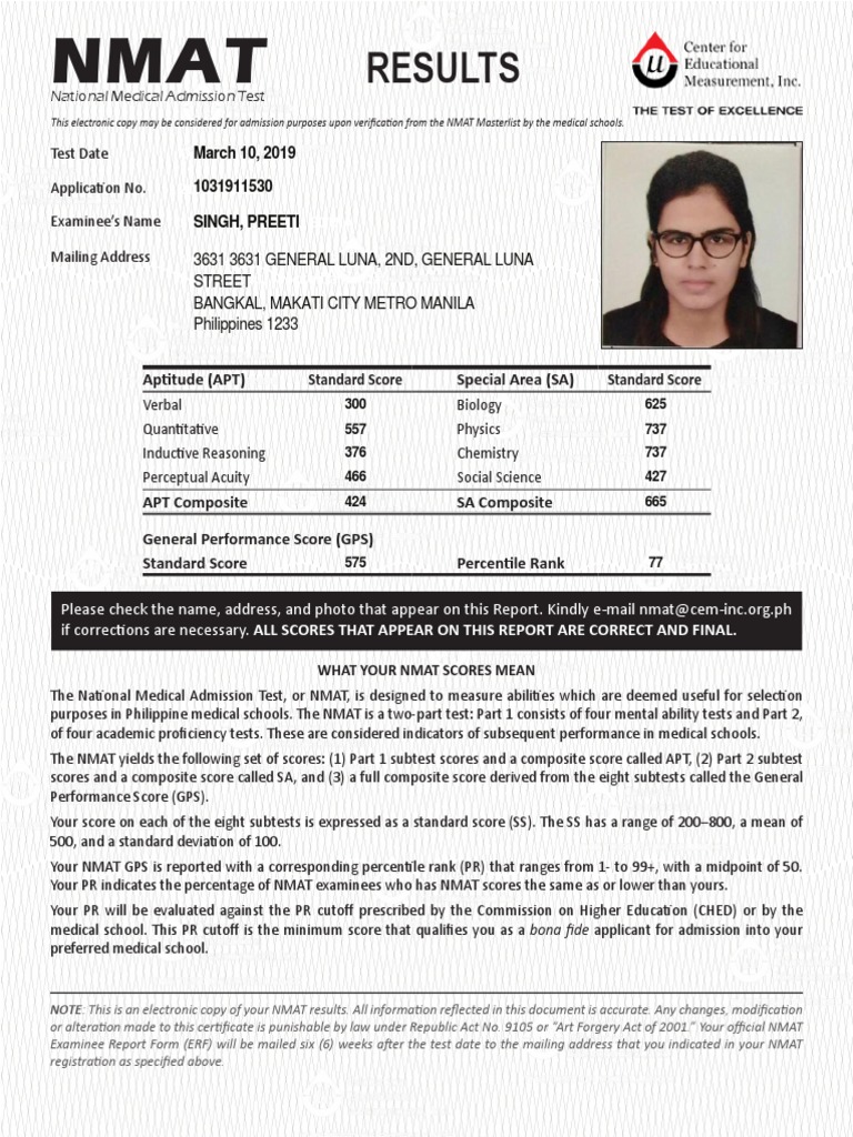 Nmat Test Result-1031911530 | PDF | Reference Range | Medical School