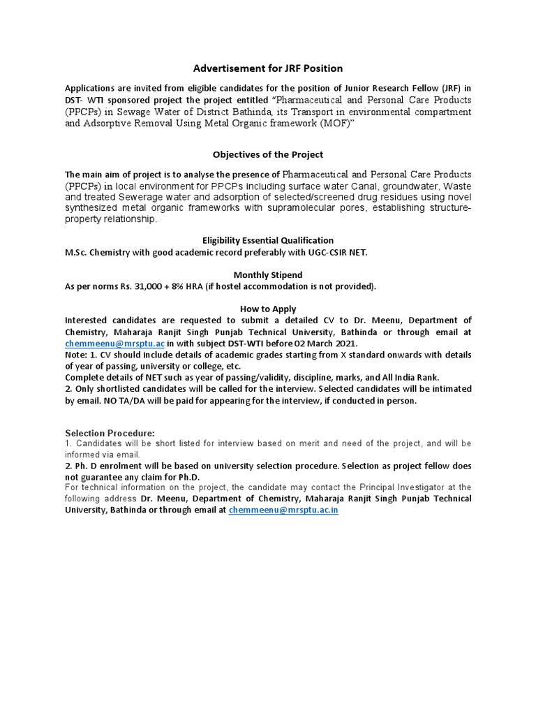 JRF Opening in Chemistry Research | PDF | Business | Technology ...