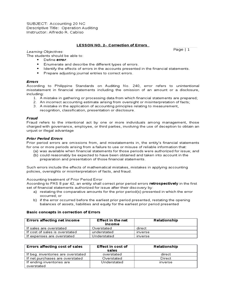 Correction of Errors Sample | PDF | Balance Sheet | Expense