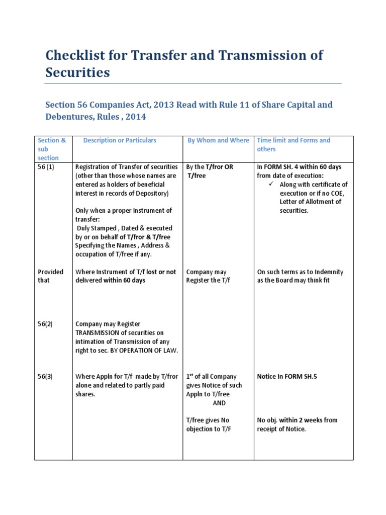 Chceklist For Transfer and Transmission of Securities | PDF ...
