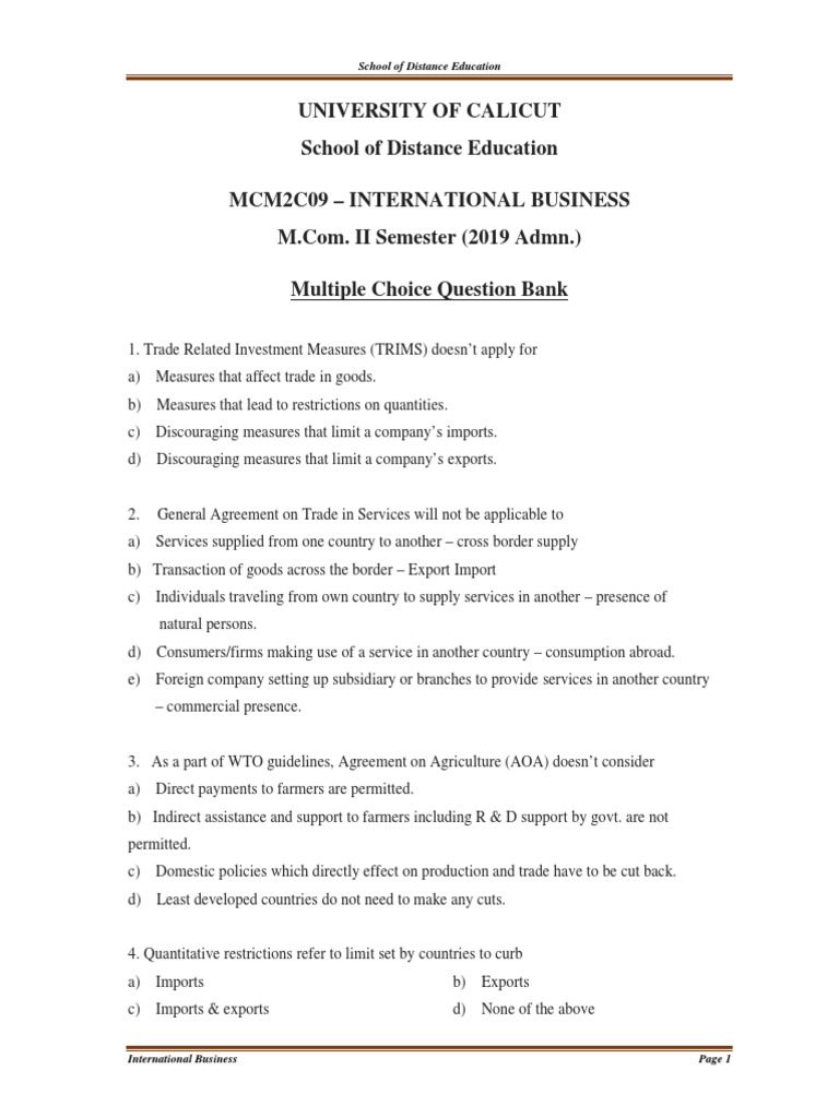 International Business MCQ | PDF | Foreign Direct Investment | World ...