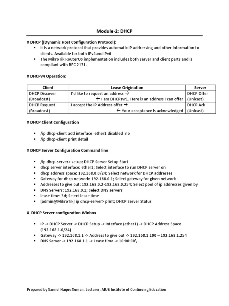 Module 2 Dhcp Dhcp Dynamic Host Configuration Protocol Pdf Ip Address Internet