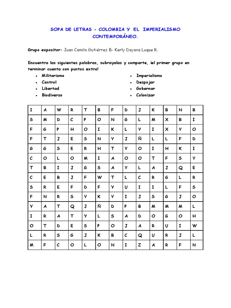Sopa de Letras - Colombia y El Imperialismo Contemporáneo | PDF