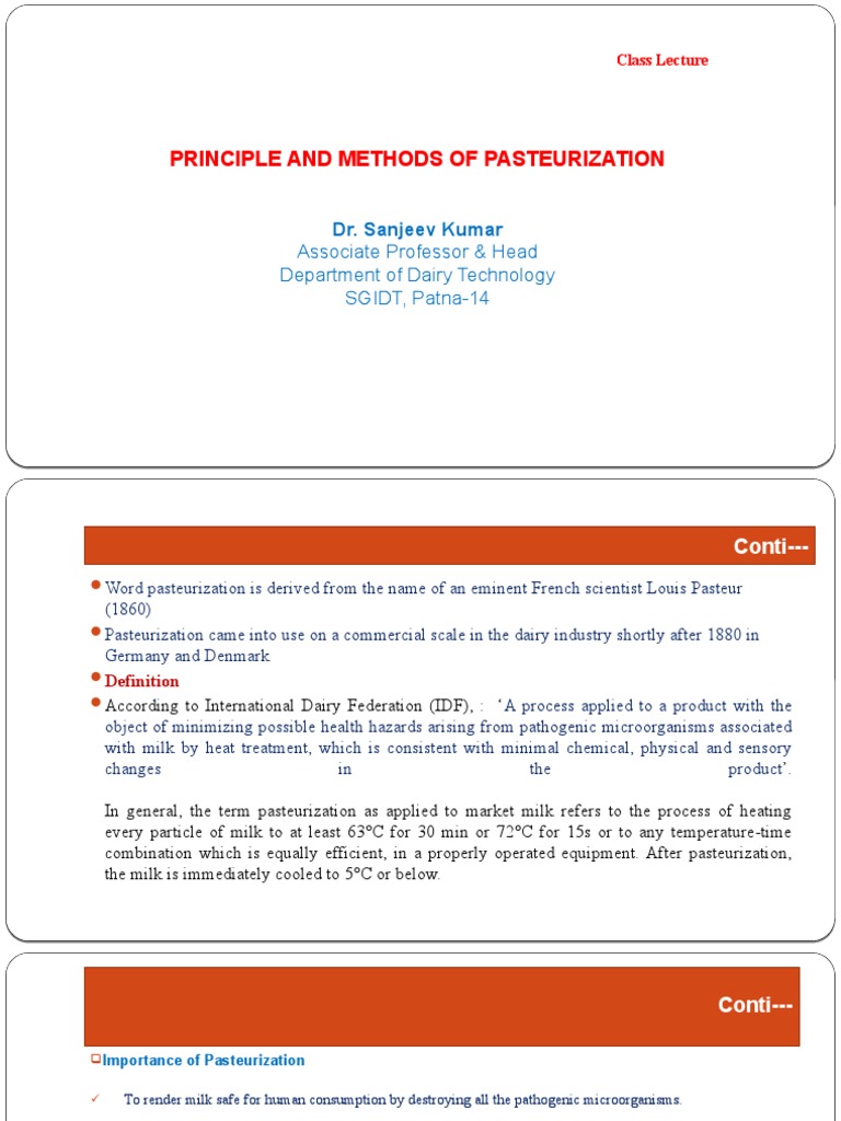 Principles Methods of Pasteurization | PDF | Milk | Chemistry