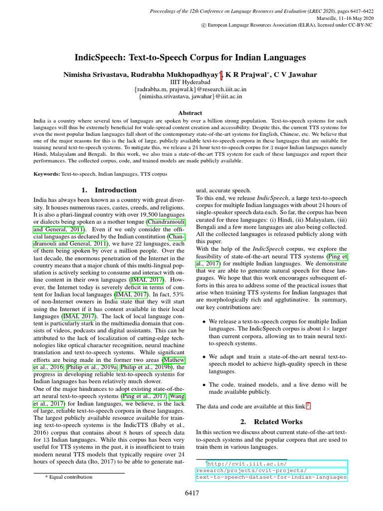IndicSpeech Text-To-Speech Corpus For Indian Languages | PDF | Speech Synthesis | Data Compression
