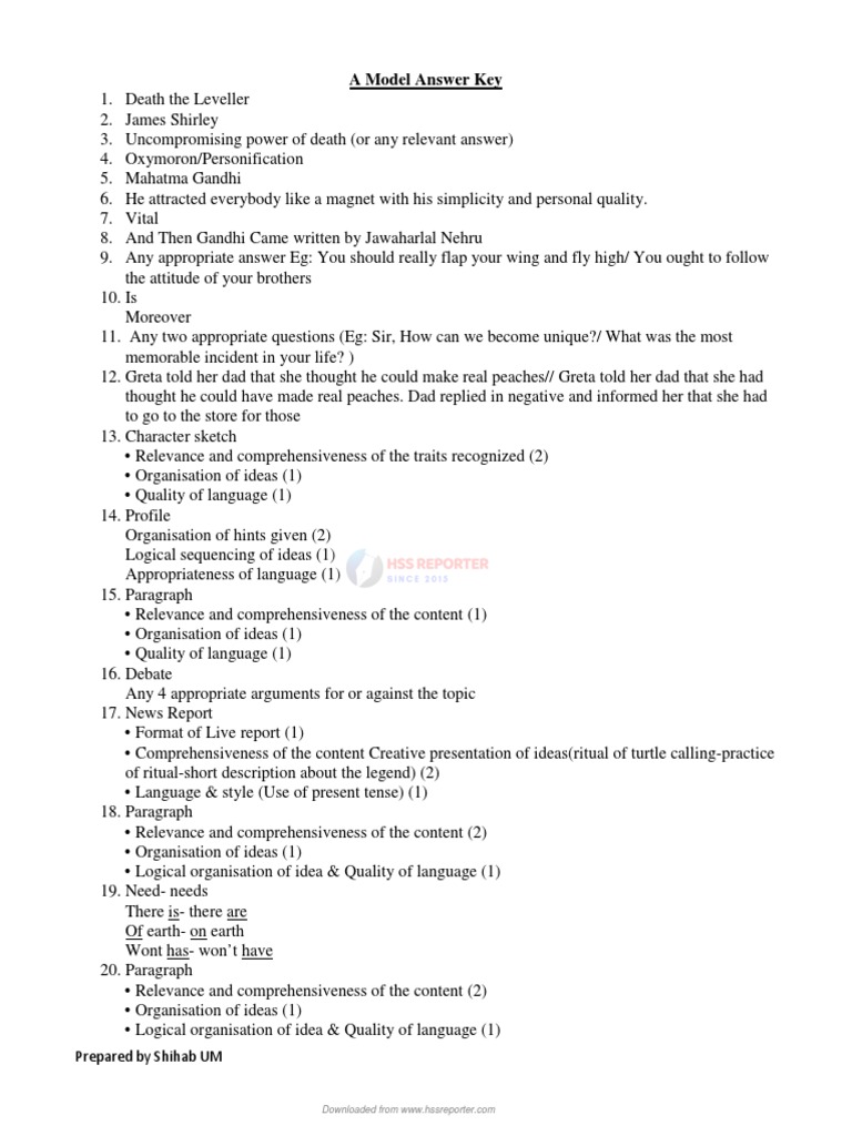 HSSRPTR - +1 Eng Model Exam Answer Key | PDF | Poetry | Communication