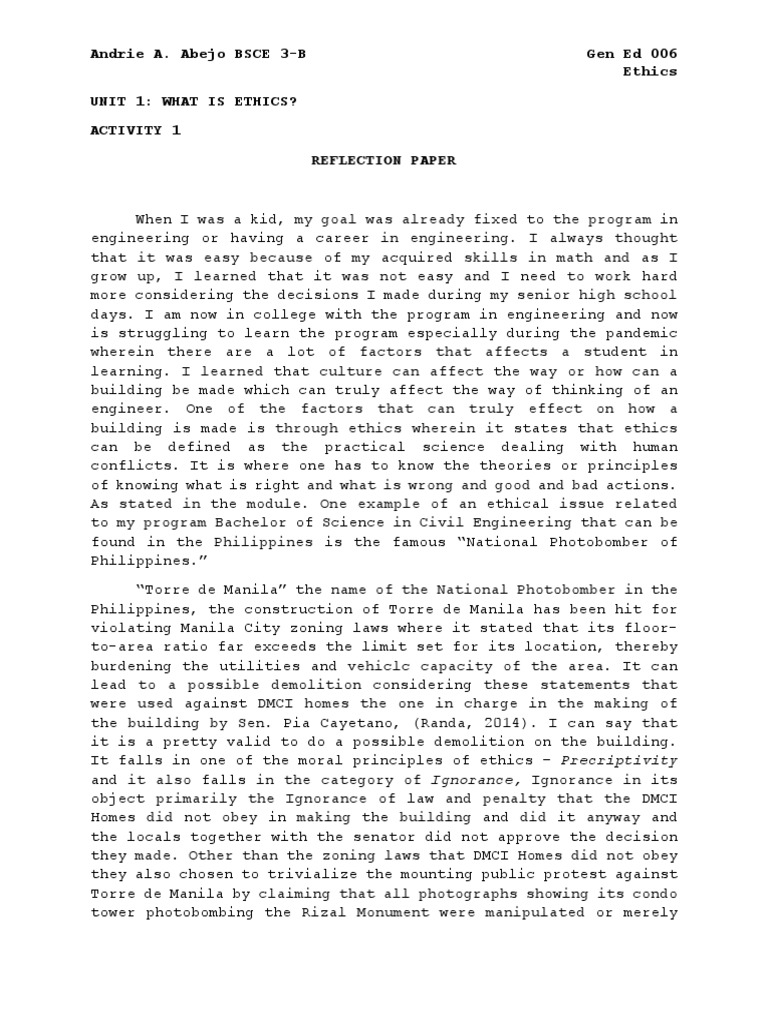 Andrie A. Abejo BSCE 3-B Gen Ed 006 Ethics Unit 1: What Is Ethics ...