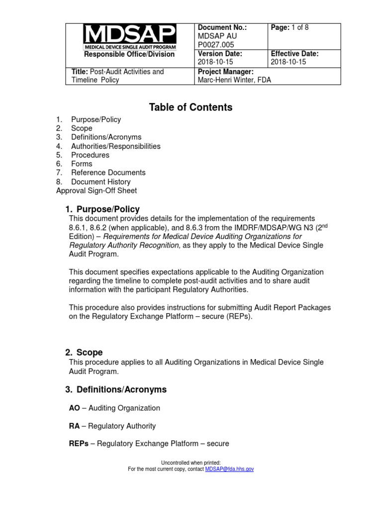 MDSAP AU P0027.005 Post Audit Activities and Timeline Policy - 2 | PDF | Medical Device | Audit