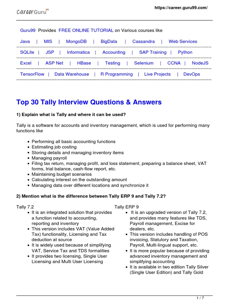 Top 30 Tally Interview Questions & Answers: 1) Explain What Is Tally ...