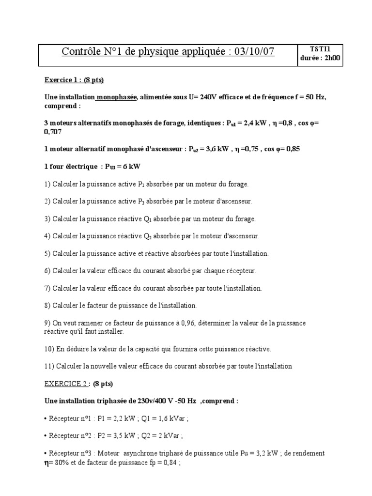 Controle 1 | PDF | Puissance (physique) | Puissance apparente