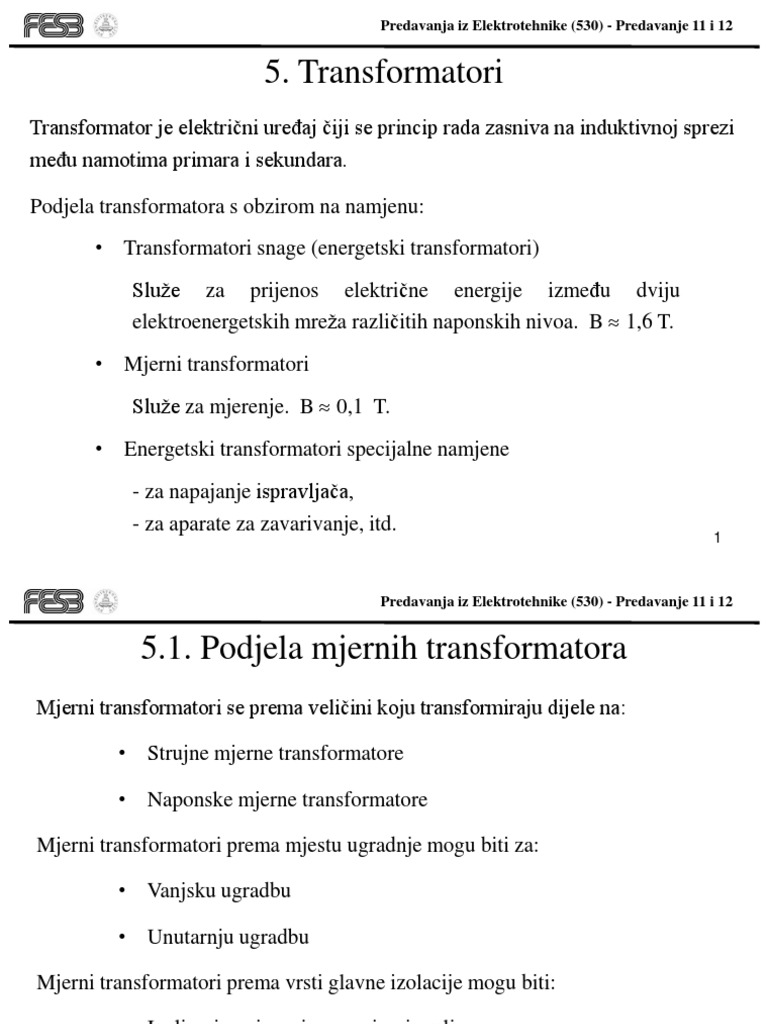 Transformatori: Predavanja Iz Elektrotehnike (530) - Predavanje 11 I 12 ...